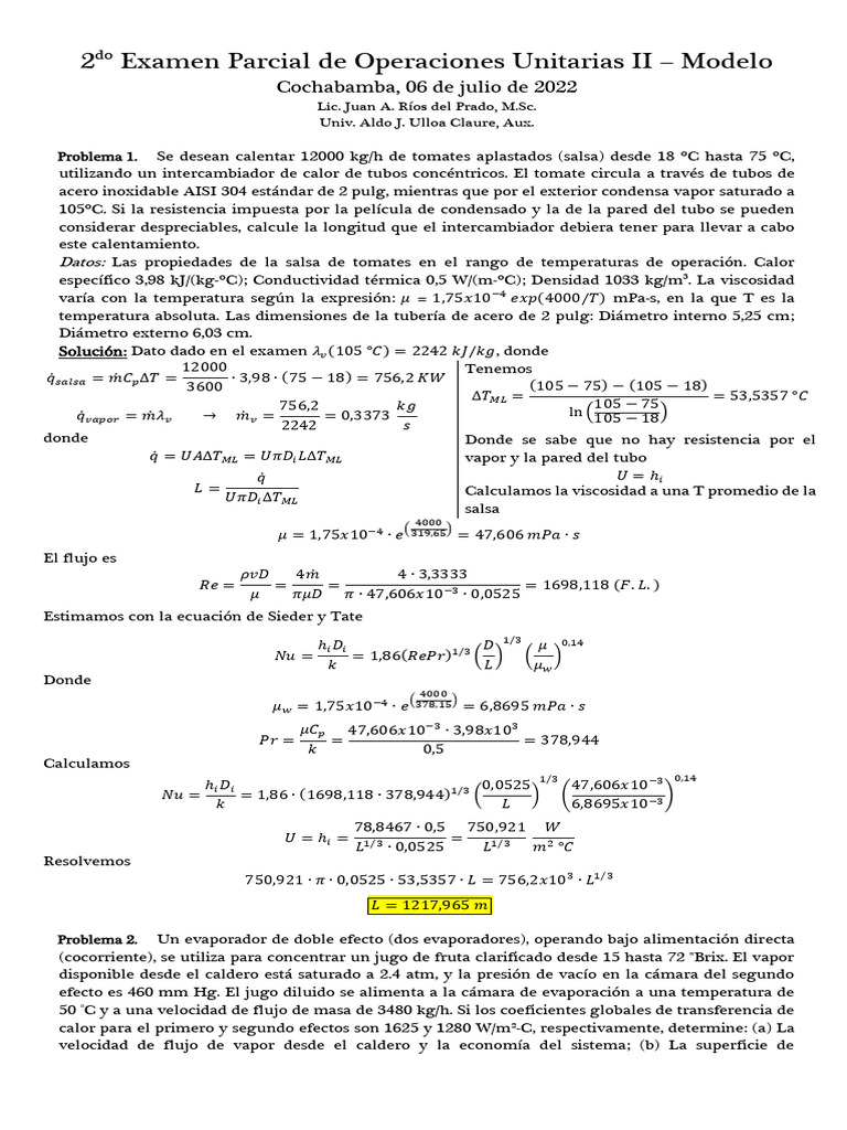 Examen 2do Parcial de Operaciones Unitarias II I-2022 | Descargar gratis PDF | Evaporación | Calor