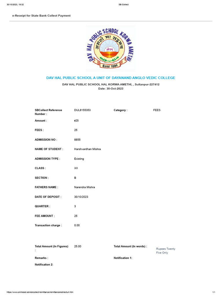 DAV HAL Public School Fee Receipt | PDF