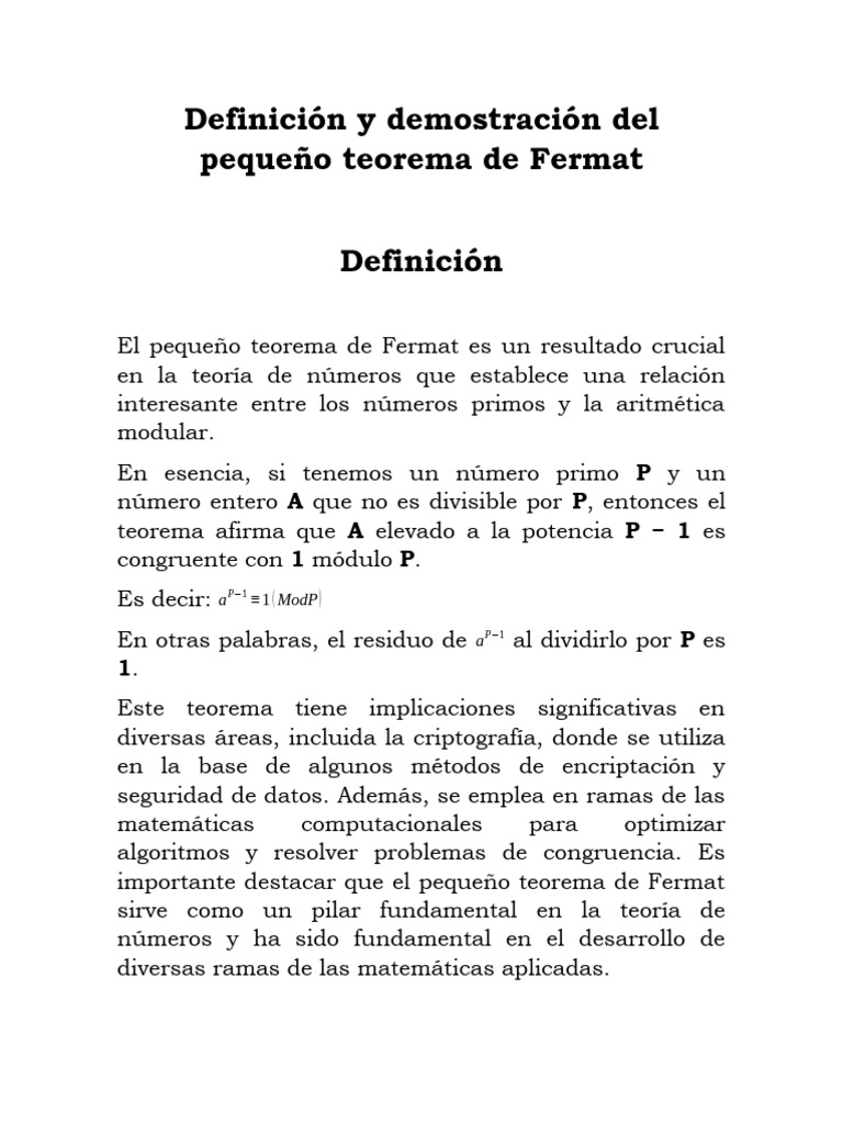 Definición y demostración del pequeño teorema de Fermat | PDF