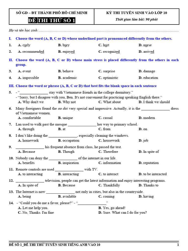 40 Đề tuyển sinh vào anh 10 | PDF