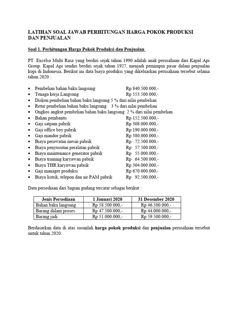 Latihan Soal Jawab Perhitungan Harga Pokok Produksi Dan Penjualan SMT Sisipan 2020 | PDF ...