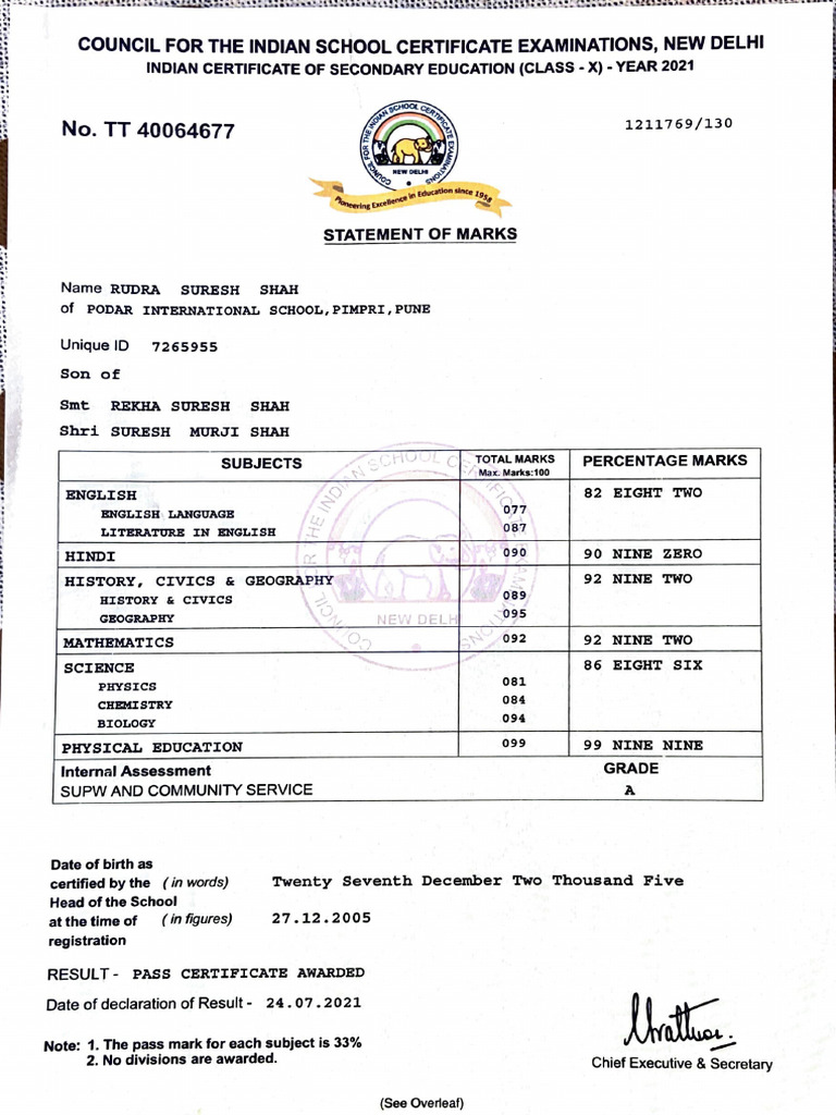 10th Marksheet | PDF | Educational Stages | Science