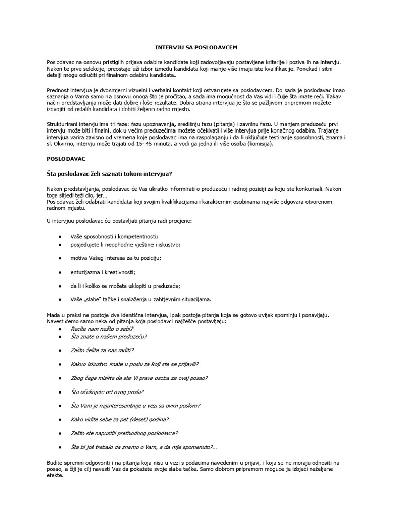 Interviju Sa Poslodavcem | PDF