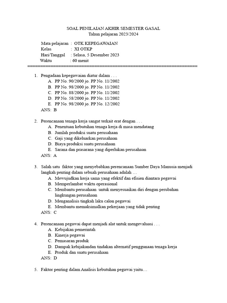 Soal Pas Otk Kepegawaian Kelas Xi Otkp | PDF | Karier & Perkembangan