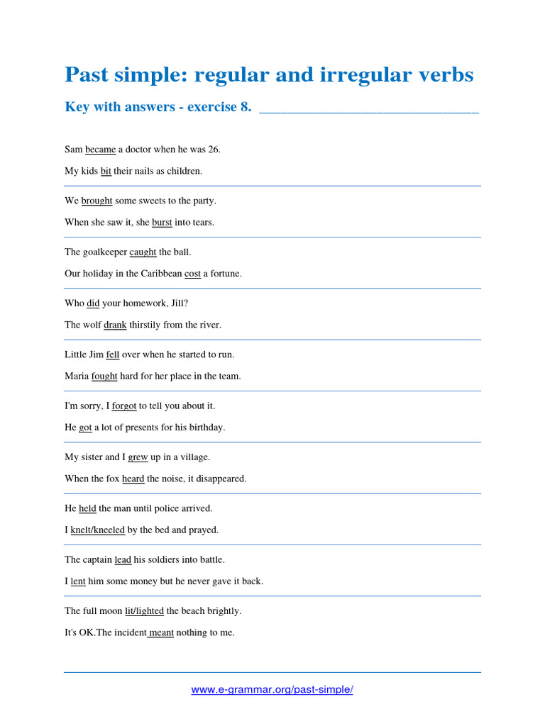 Past Simple Verbs Exercise 8 Key | PDF