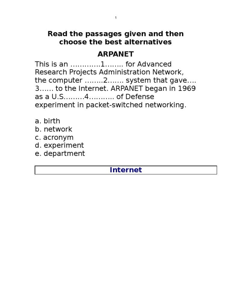 Read The Passages Given and Then Choose The Best Alternatives Arpanet ...