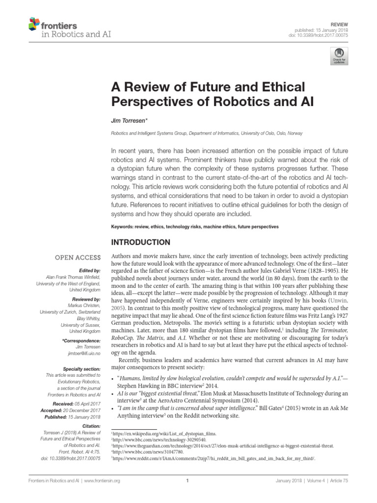 Torresen 2018 A Review of Future and Ethical Perspectives of Robotics and AI | PDF | Artificial ...