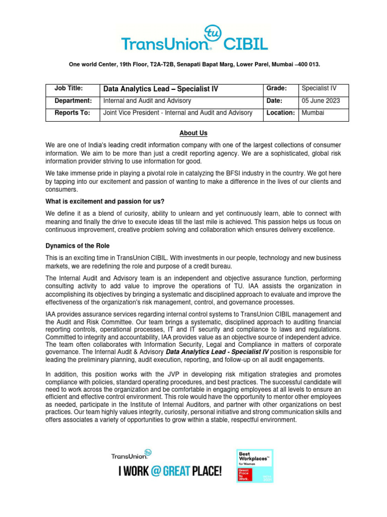 Data Analyticvs Lead IV New JD v1 | PDF | Internal Audit | Audit