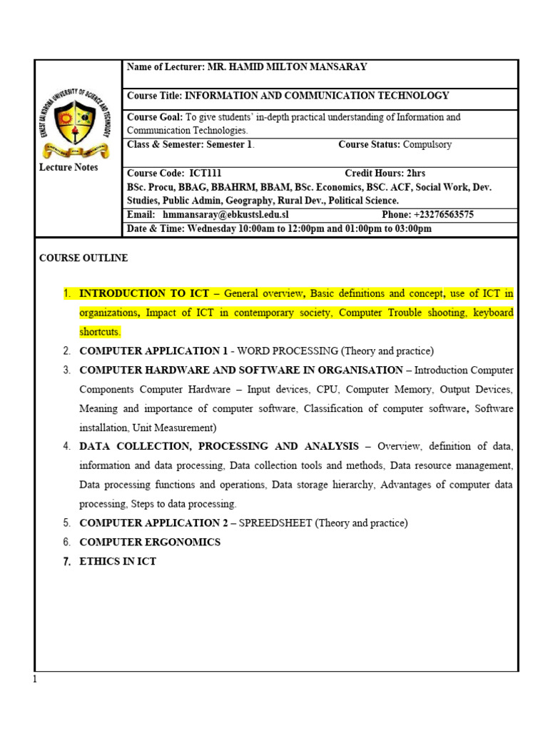 ICT - Lecture 1 Social Sciences | PDF | Input/Output | Computer Data Storage