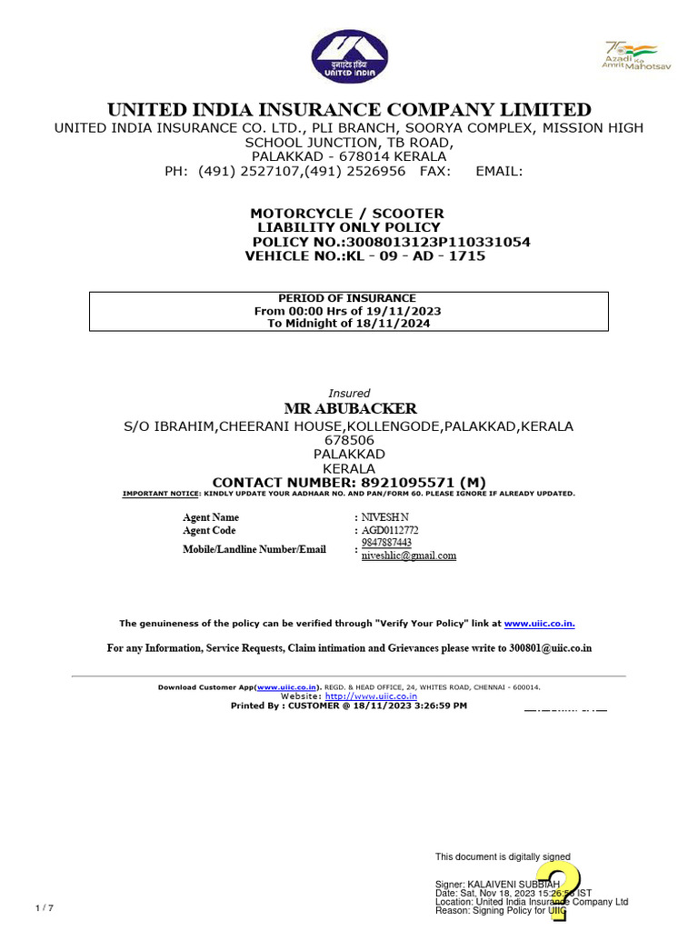 United India Insurance Company Limited: MR Abubacker | PDF | Indemnity ...
