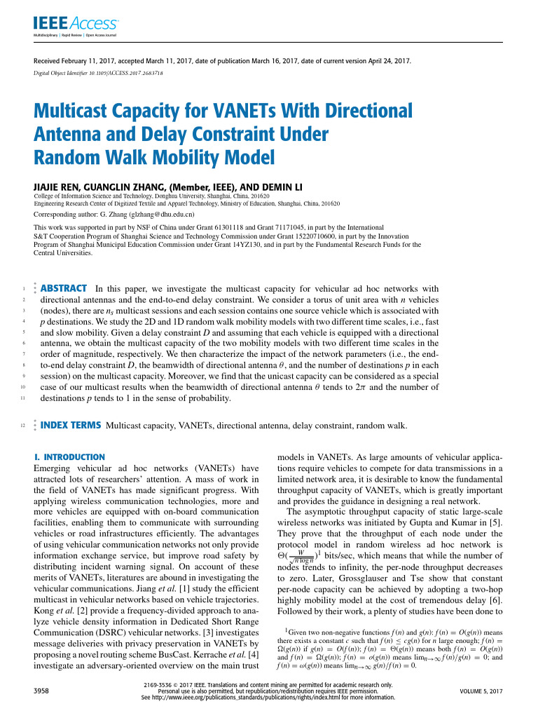 Multicast Capacity For VANETs With Directional Antenna and Delay Constraint Under Random Walk ...
