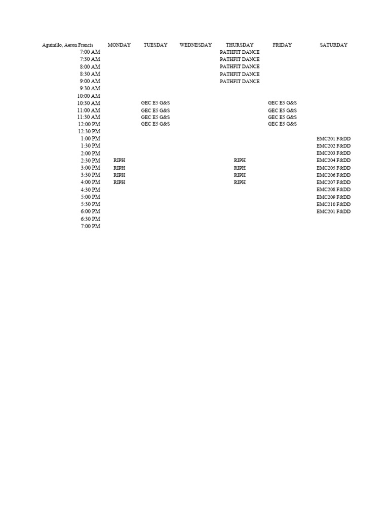 Schedule of BSEMC DA 1A Students | PDF