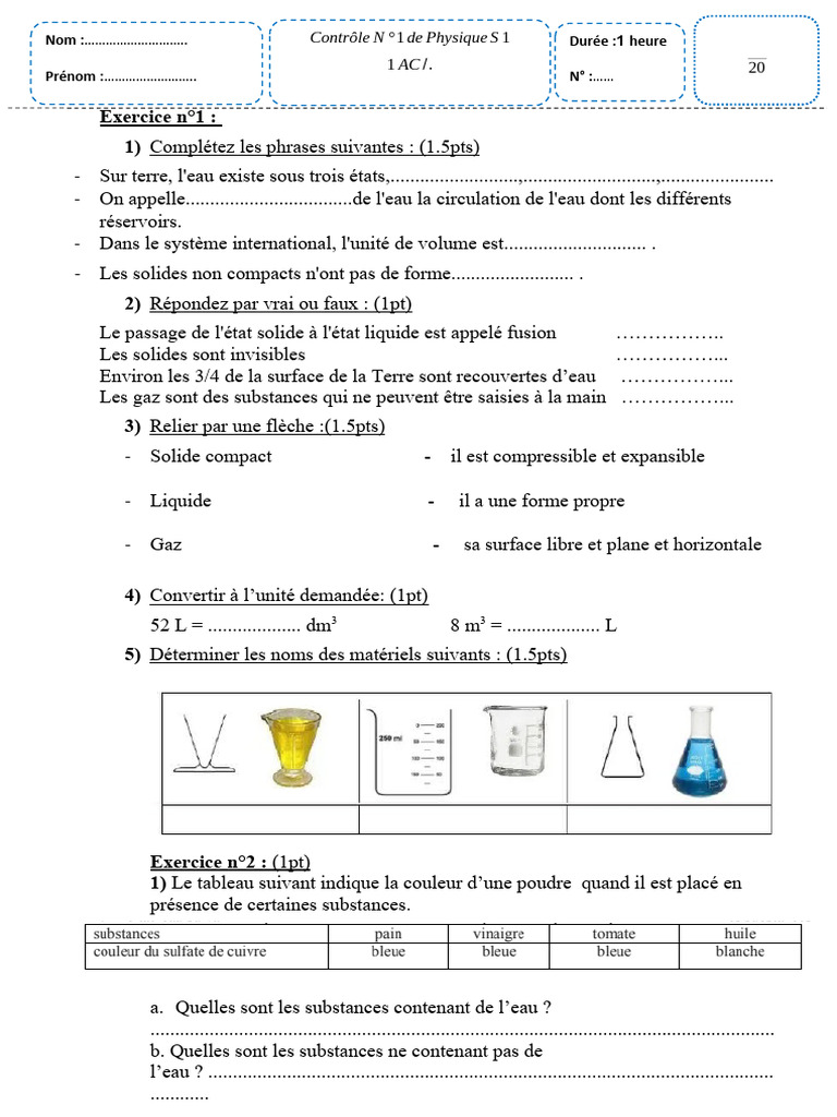 Controle n1 s1 1AC 2023 2024 | PDF | Masse | Physique