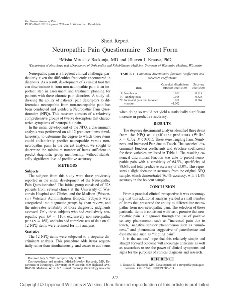 Neuropathic Pain Questionnaire-Short Form | PDF | Peripheral Neuropathy ...