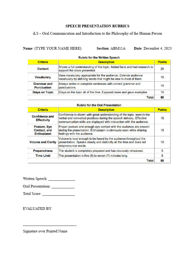 Speech Presentation Rubrics and Format | PDF | Communication | Human ...