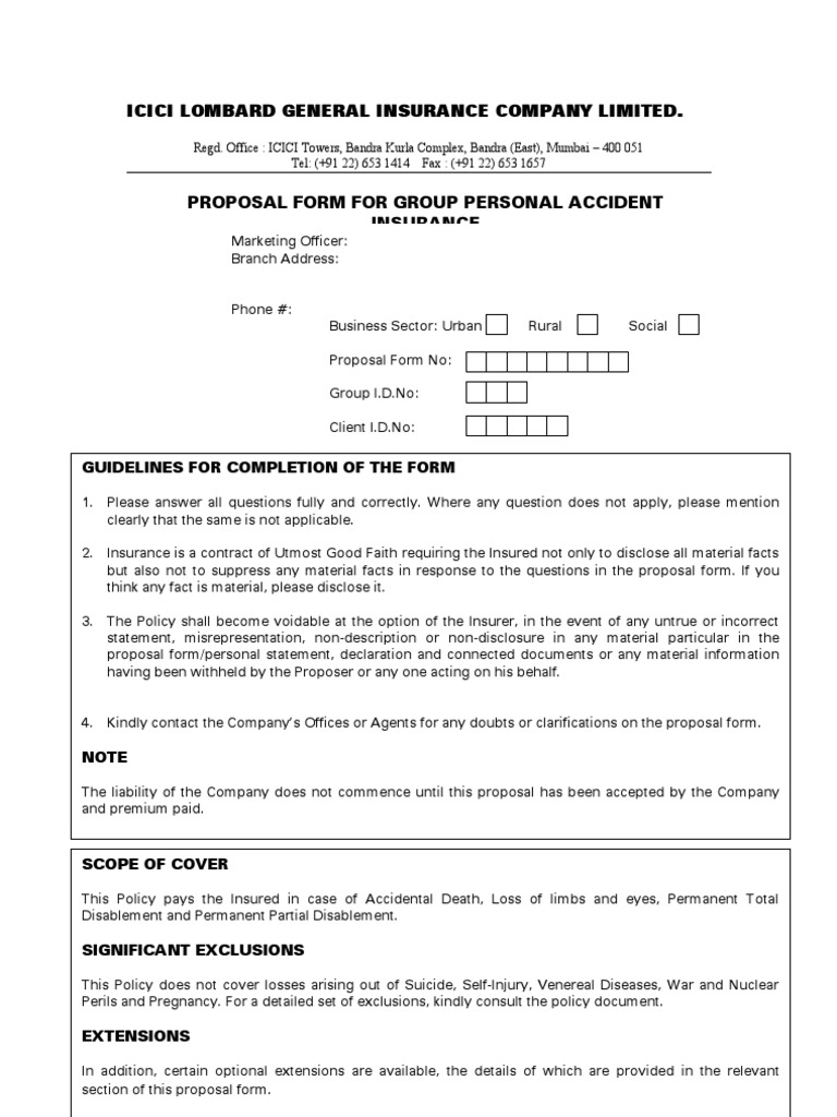 Group Personal Accident Insurance Proposal | PDF | Insurance ...