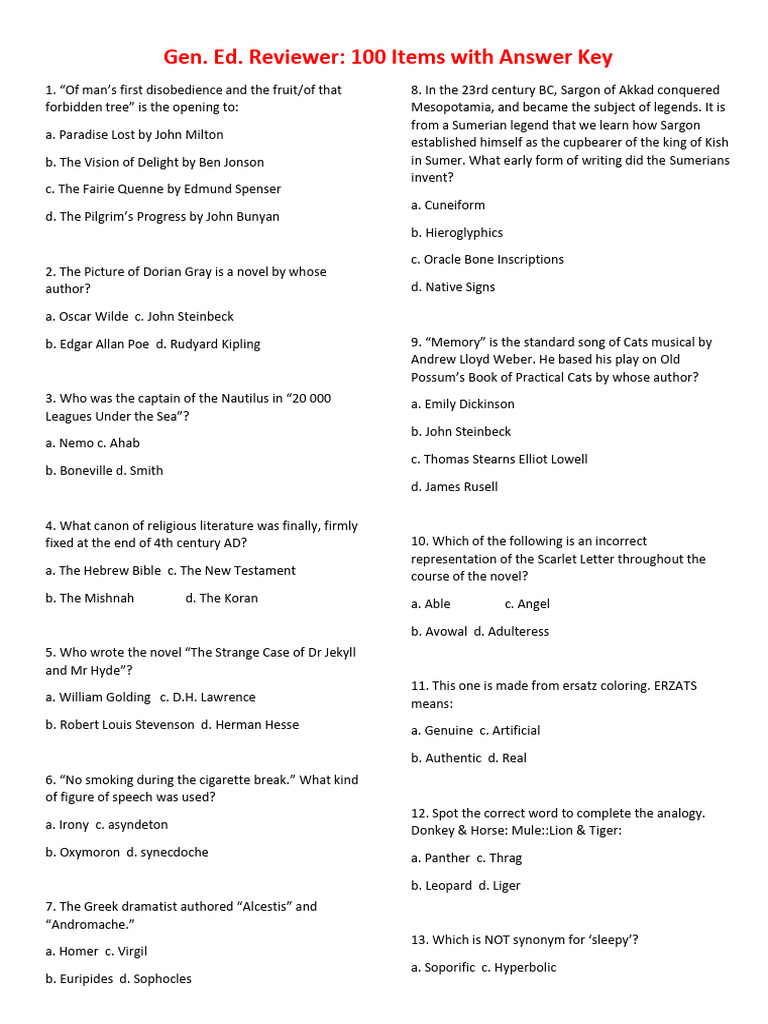 Gen. Ed. Reviewer 100 Items With Answer Key | PDF | Japanese Poetry | Word