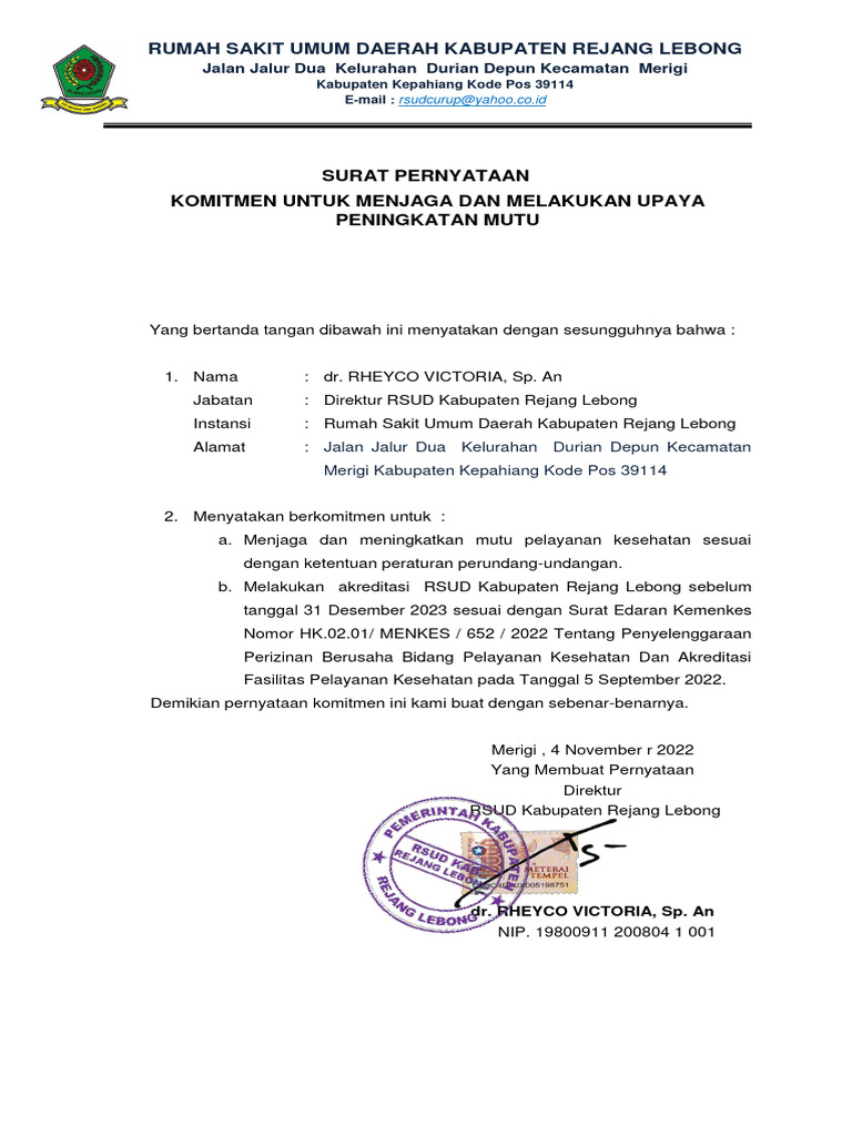 Surat Pernyataan MUTU Dan AKREDITASI | PDF