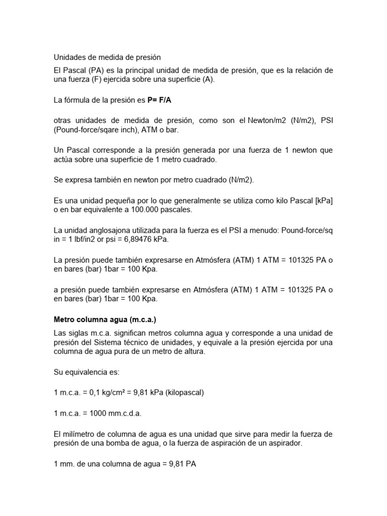 Unidades de Medida de Presión | PDF | Pascal (Unidad) | Presión