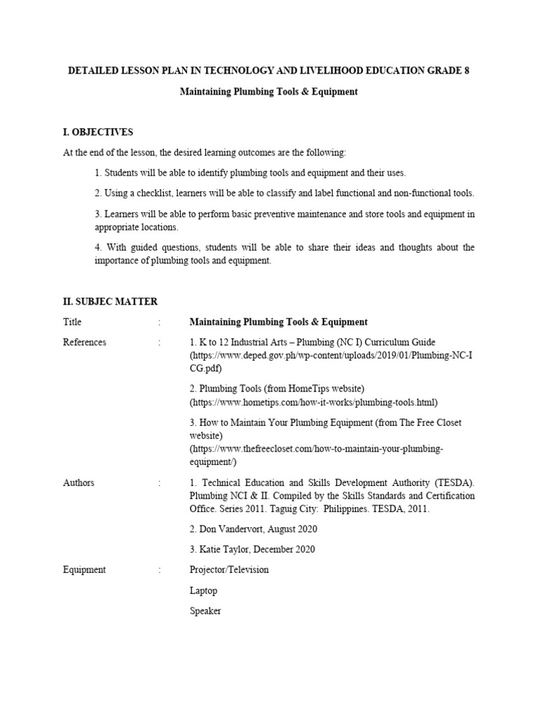 Plumbing Tools Maintenance Lesson Plan | PDF | Plumbing | Tools