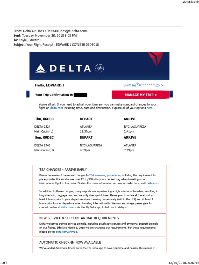 NYU Flight - To Be Used As Example | PDF | Delta Air Lines | Baggage