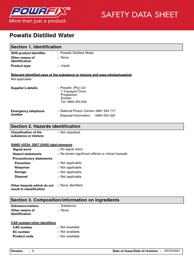 Powafix Distilled Water Safety Data Sheet | PDF | Dangerous Goods ...