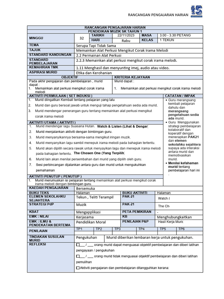 RPH Minggu 34 Pendidikan Muzik THN 1 2023 by Cikgu Gorgeous | PDF