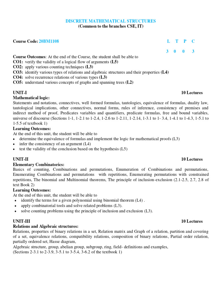 Discrete Mathematical Structures-20bm1108 | PDF | Recurrence Relation | Combinatorics