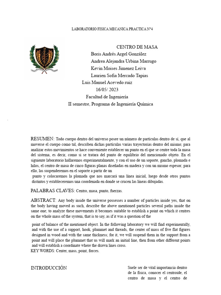 Practica Numero 4 | PDF | Centro de masa | Masa Practica Numero 4 | PDF | Centro de masa | Masa