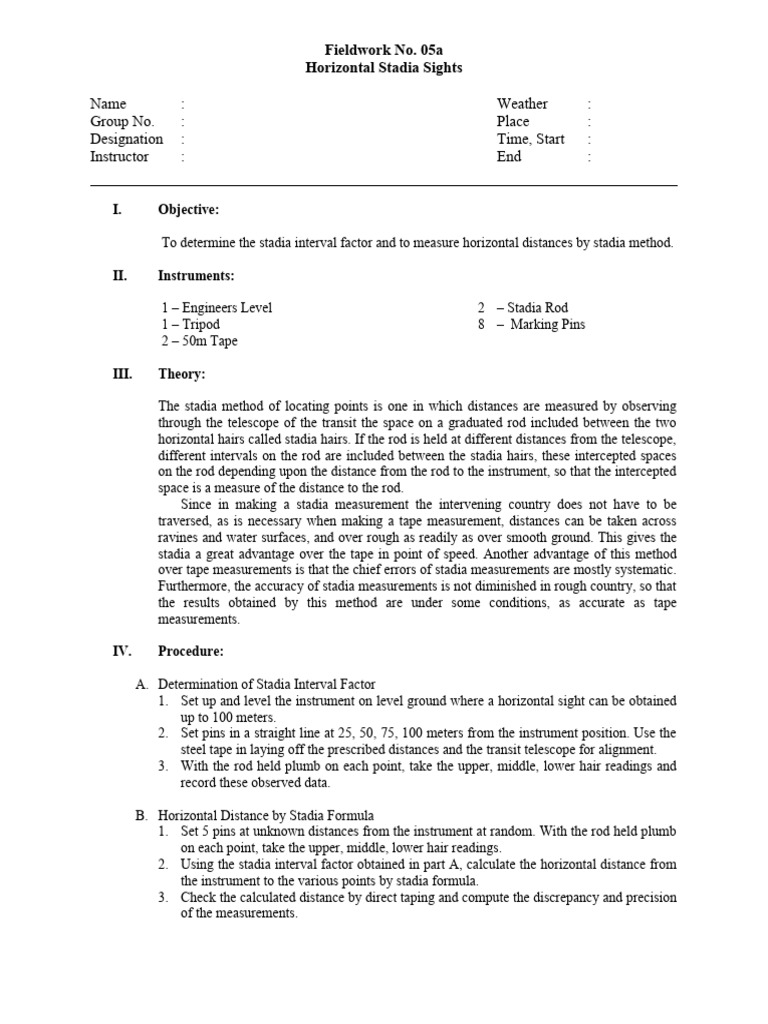 Fieldwork No. 4a (Horizontal Stadia Sights Using Engineers Level) | PDF ...