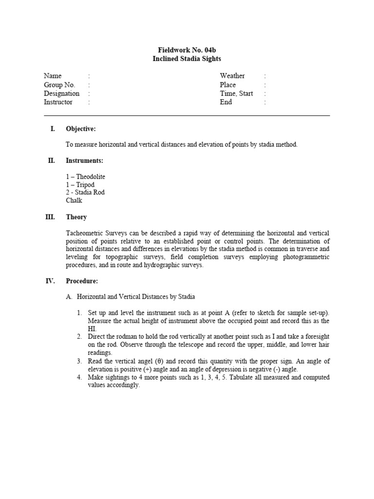 Fieldwork No. 4b (Inclined Stadia Sights Using Theodolite) | PDF ...