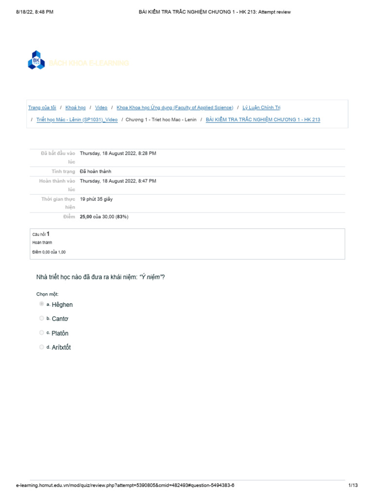 BÀI KIỂM TRA TRẮC NGHIỆM CHƯƠNG 1 - HK 213 - Attempt review lan1 | PDF