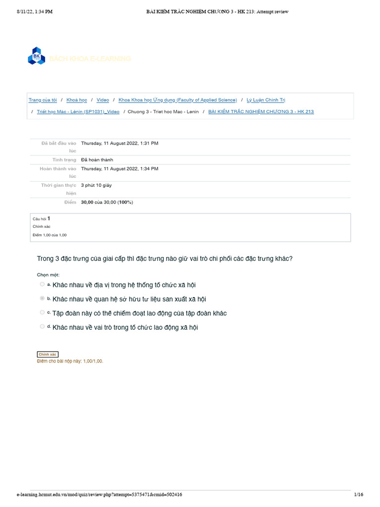 BÀI KIỂM TRẮC NGHIỆM CHƯƠNG 3 - HK 213 - Attempt Review | PDF