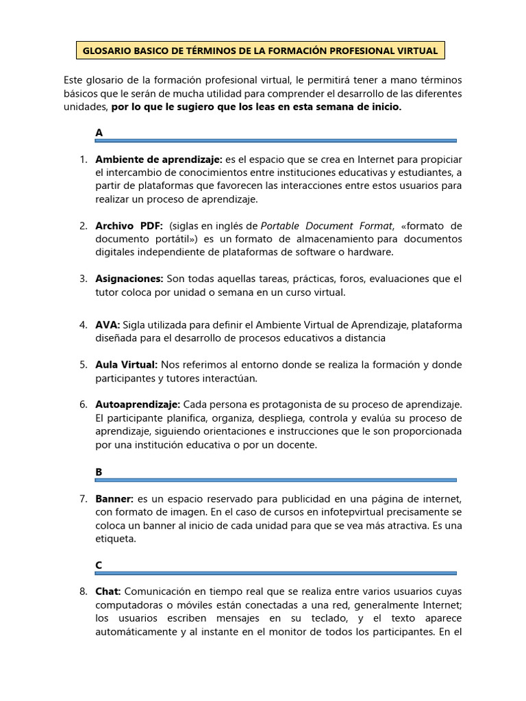 Glosario de Terminos Basicos para La FP Virtual | PDF | Moodle | Aprendizaje