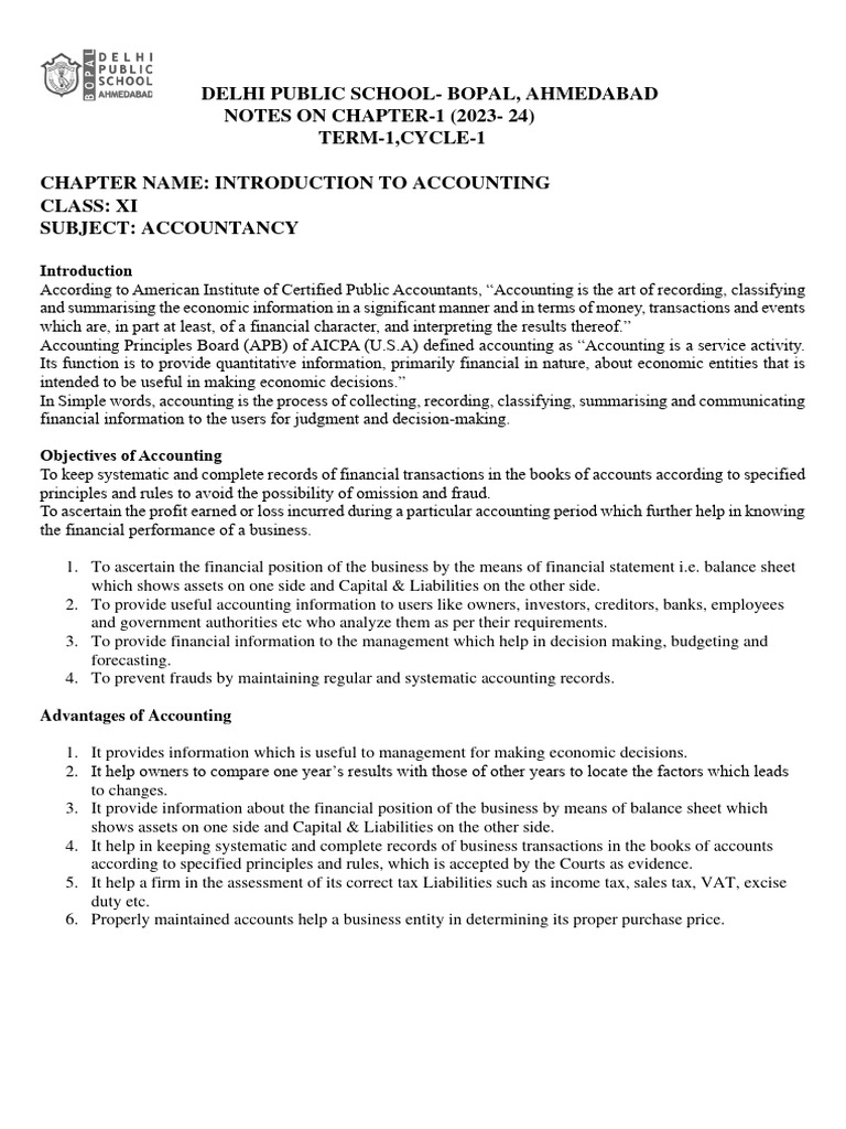 Term1 Cycle 1 Notes On Chapter 1 Xi Accountancy Pdf Expense Invoice