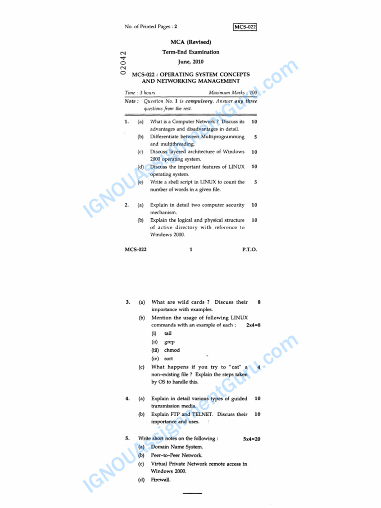 MCS 022 June2010 June2023 | PDF | Computer Network | Operating System