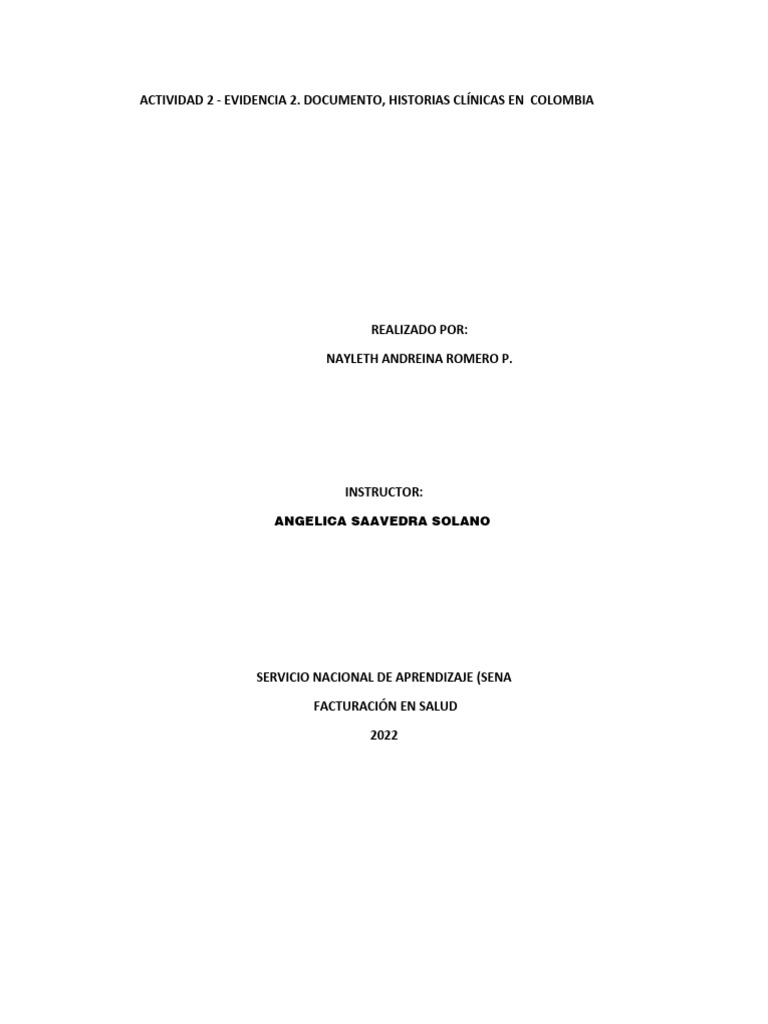 ACTIVIDAD 2 - EVIDENCIA 2. DOCUMENTO, HISTORIAS CLÍNICAS EN COLOMBIA - Nayleth | PDF | Historial ...