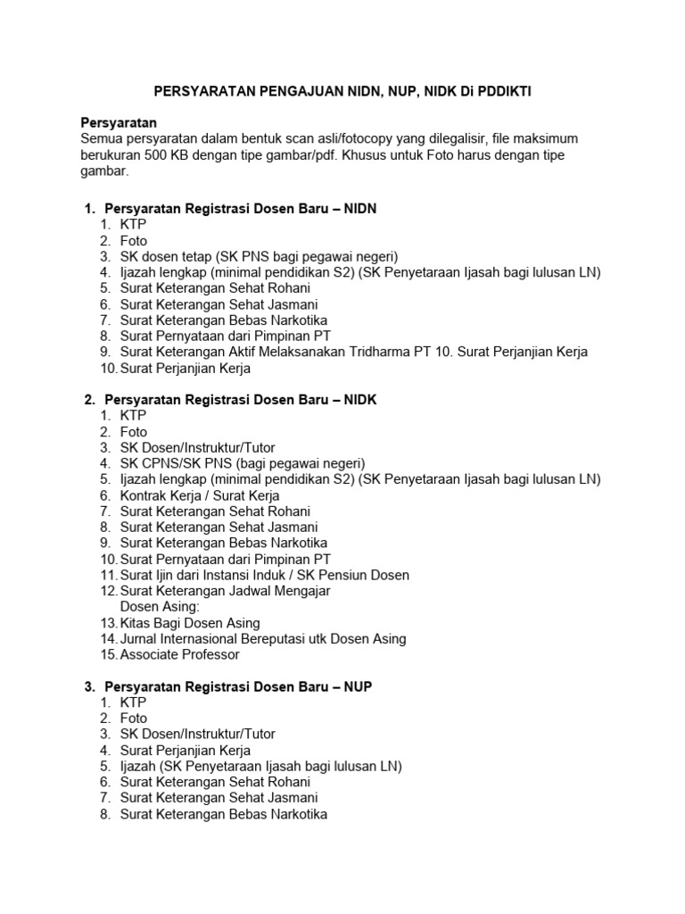 Persyaratan Pengajuan NIDN NUP NIDK Di PDDIKTI | PDF Persyaratan Pengajuan NIDN NUP NIDK Di PDDIKTI | PDF