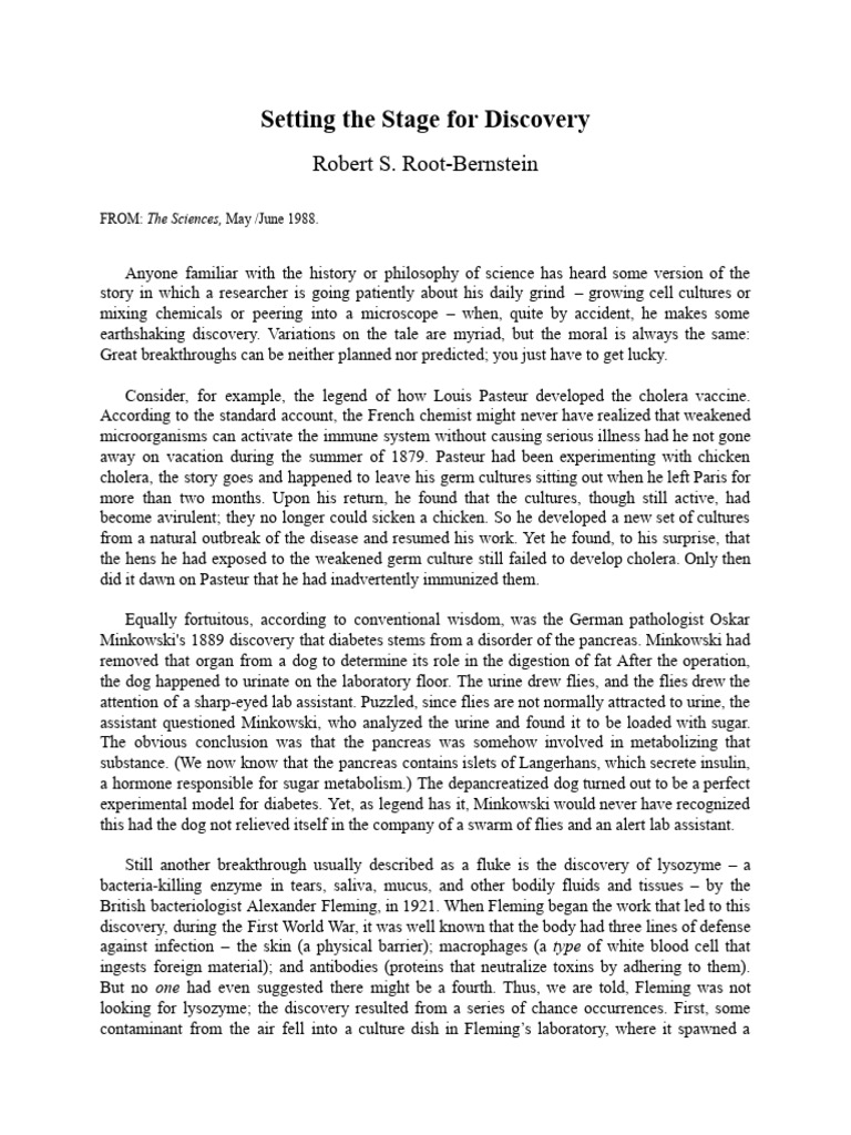 Setting The Stage For Discovert by R.S. Root-Bernstein | PDF | Louis Pasteur | Scientific Method