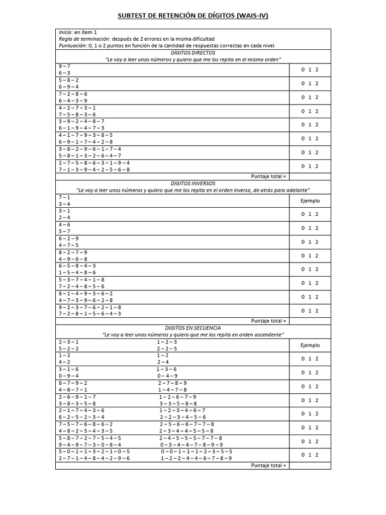 WAIS IV Dígitos Directos, Inversos y Secuencia | PDF