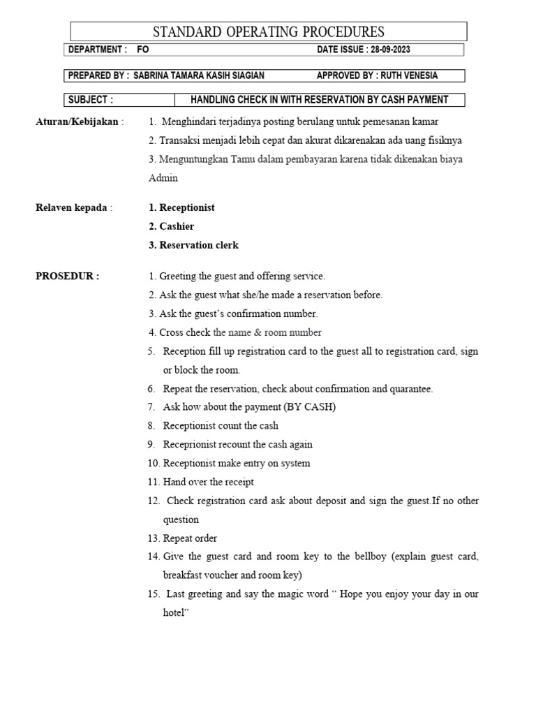 Sop Payment by Cash | PDF