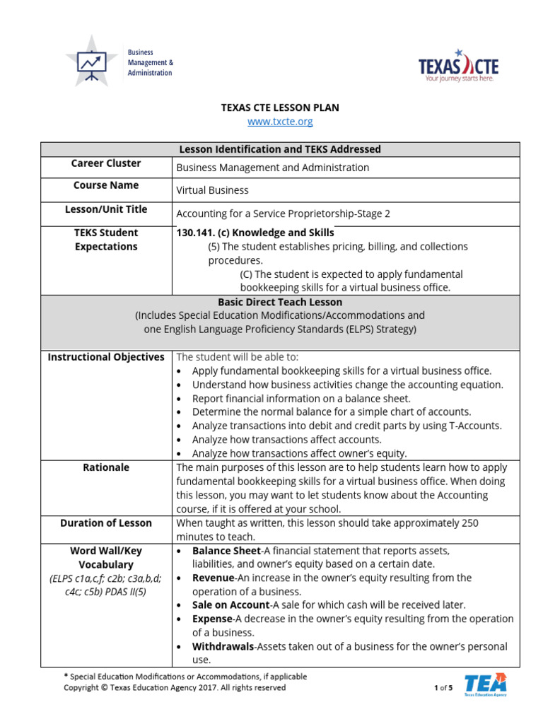 Lesson Plan Accounting For A Service Proprietorship Stage 2 - 1 | PDF