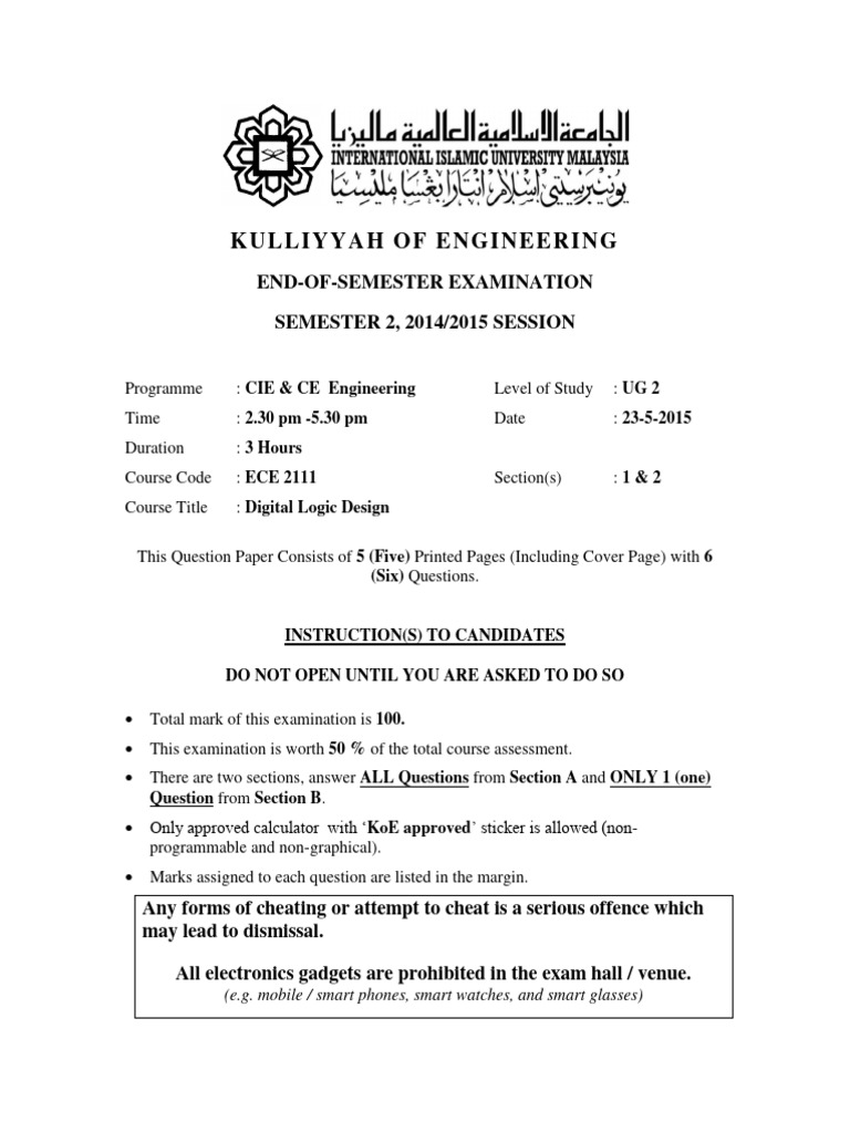 Digital Logic Design Exam Paper ECE 2111 | PDF | Computer Engineering ...