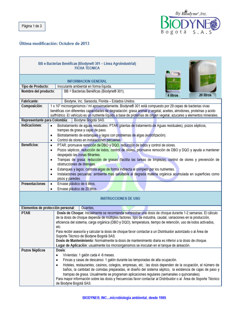 Ficha Tecnica BB Bacterias Beneficas | PDF | Agua | Tanque séptico