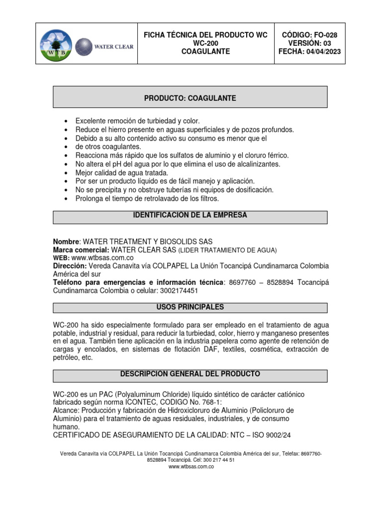 Coagulante WC-200 para Tratamiento de Agua | PDF | Agua | Compuestos ...