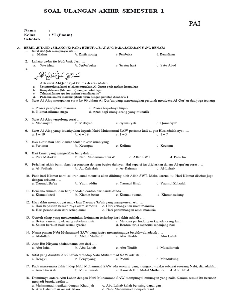 Soal UAS PAI Kelas 6 SD Semester 1 (Ganjil) Dan Kunci Jawaban | PDF