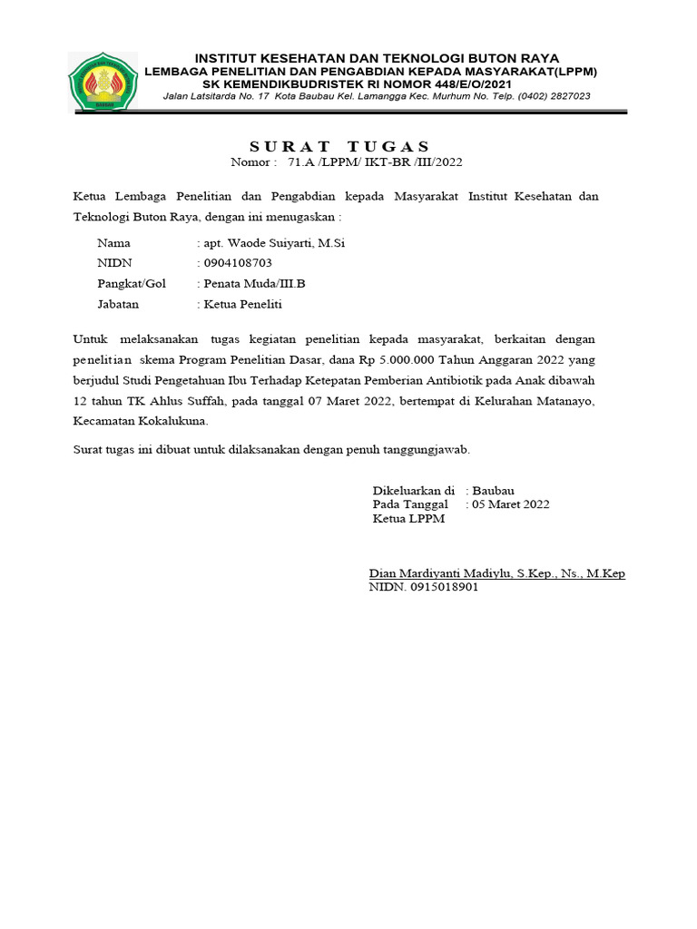 Surat Tugas LPPM IKT BR | PDF