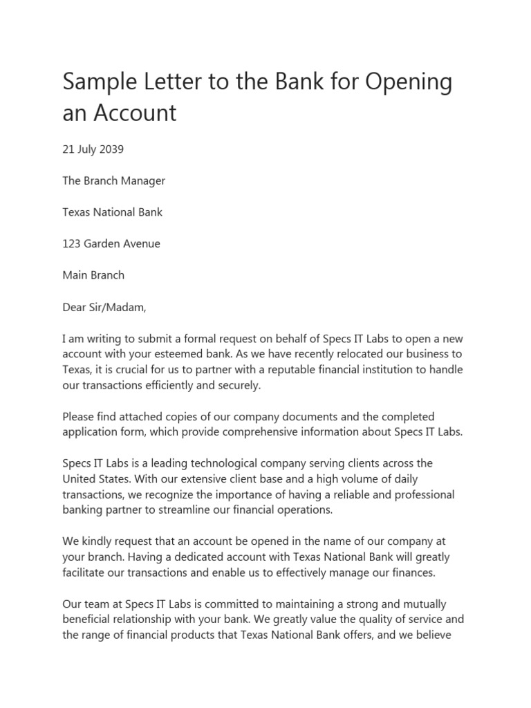 Sample Letter To The Bank For Opening An Account | PDF