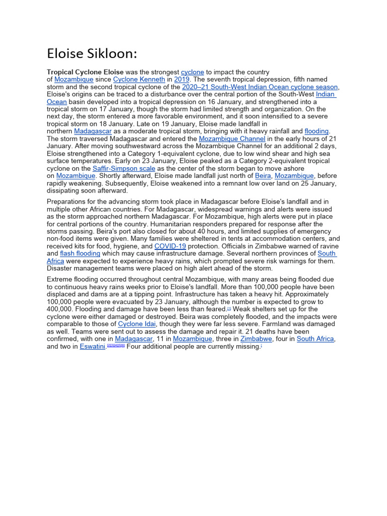 Eloise Sikloon | PDF | Tropical Cyclones | Natural Events