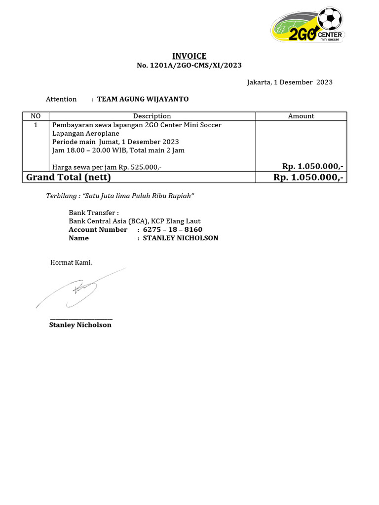 Invoice Mini Soccer Agung | PDF